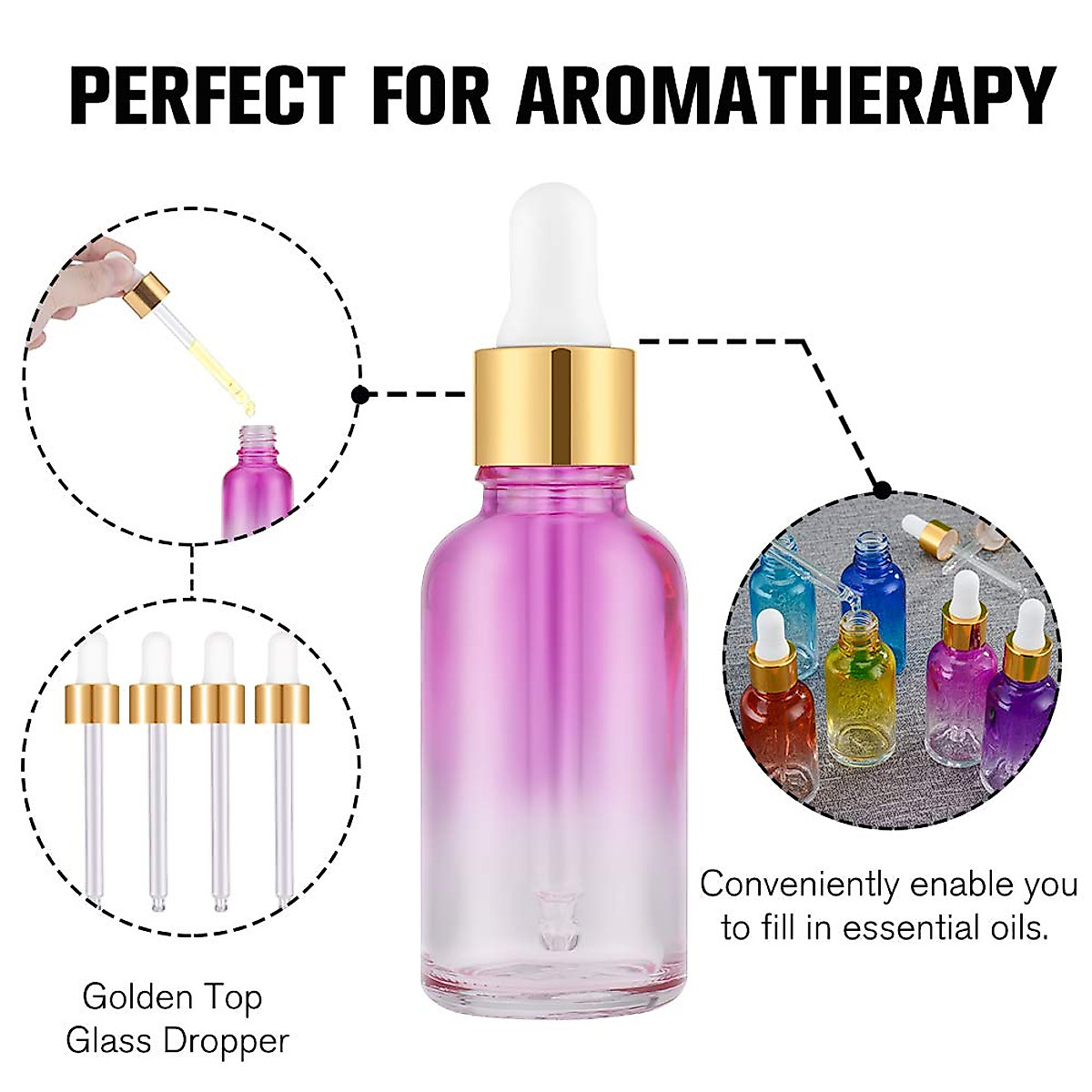 PrettyCare Eye Dropper Bottles 1oz (Rainbow Colored Glass Bottle 24 Pack 30ml with Golden Caps, 48 Labels, Funnel & Measured Pipettes) Empty Tincture Bottles for Essential Oils, Perfume