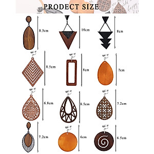 PATISORNA 12 Pairs Wooden Clip on Earrings for Women African Natural Wooden Dangle Earrings Lightweight Drop Earrings Ethnic Statement Drop Earrings Set Style A