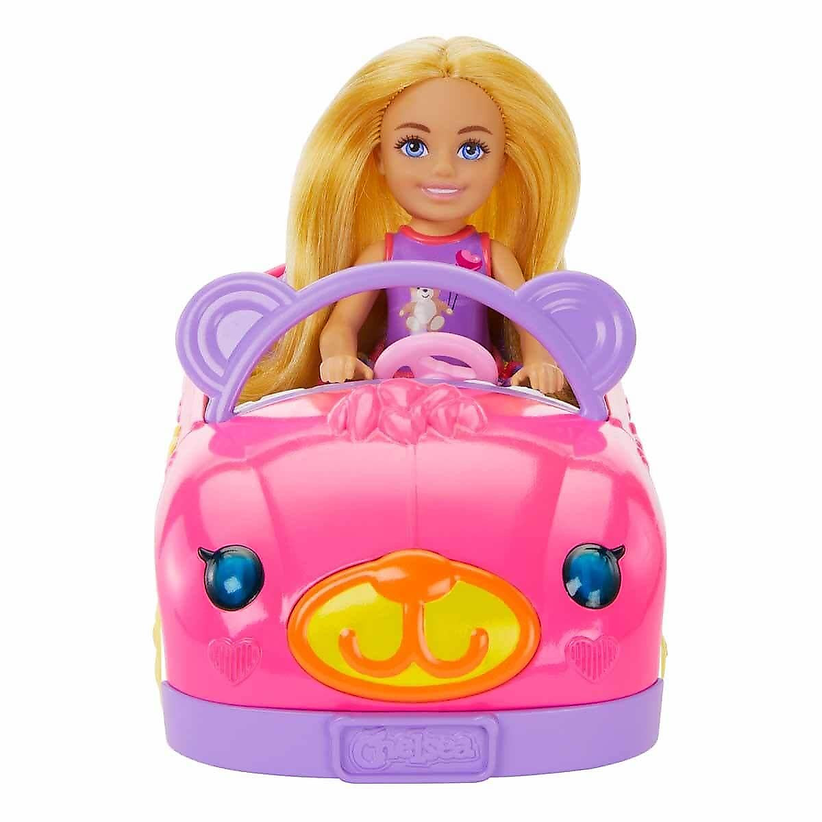Barbie Chelsea Toy Car Set with Bear-Themed Convertible & Teddy Bear Accessory, Blonde Small Doll Wears Removable Skirt & Shoes