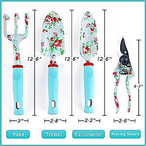 Gardening Tools, 4 PCS Heavy Duty Floral Garden Tool Set, WANCHI Rustproof Aluminum Gardening Hand Tools,Gardening Gifts for Women Birthday, Gardening Kit（Rake，Trowel，Transplanter，Pruning Shears）