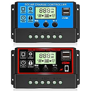 2Pcs 30A Solar Charge Controller, Black Solar Panel Battery Intelligent Regulator with Dual USB Port 12V/24V PWM Auto Paremeter Adjustable LCD Display