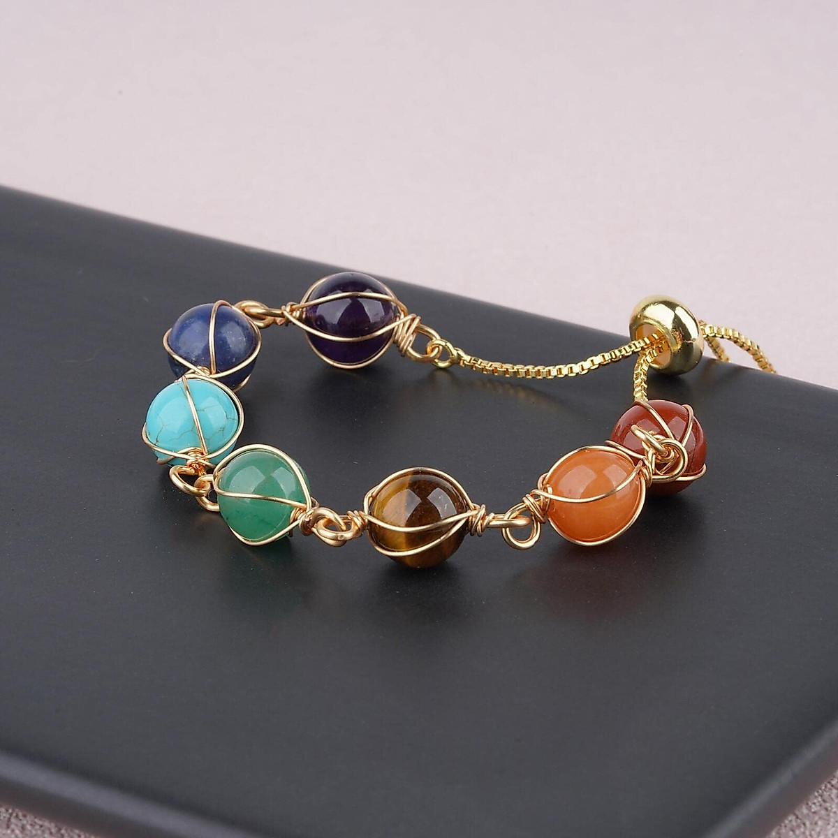 ASGIFT 7 Chakra Bracelet Adjustable 14K Gold Wire Wrapped 8mm Gemstone Beads Yoga Medititaion Bracelet Natural Crystal Stones Stretch Cuff Bracelets Jewelry for Women Girlfriend