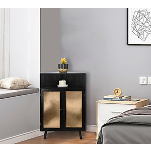 ZYBT Rattan Corner Storage Cabinet, 4-Tier Cabinet with 2 Rattan Doors, Small Wood Corner Table Bar Cabinet, Small Space Freestanding Corner Shelf Stand for Living Room, Bedroom, Kitchen (Black)