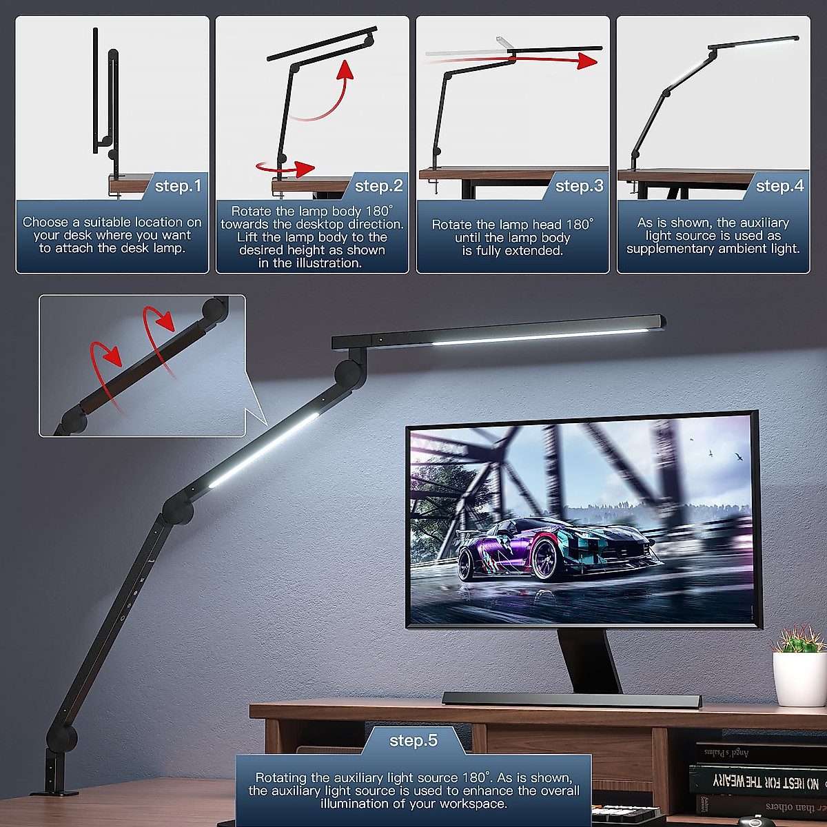 AmazLit Desk Lamp with Clamp, Eye-Care Swing Arm Desk Lamp, Stepless Dimming & Adjustable Color Temperature Modern Architect Lamp with Memory & Timing Function for Study, Work, Home, Office, 10W