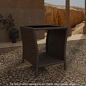 Elesuli Wicker Side Coffee Table Outdoor Side Tables Storage Bistro Table Patio Furniture Square End Tables Garden Table Brown