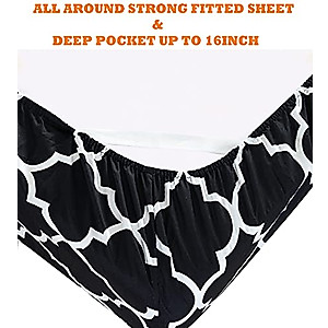 Elegant Comfort 6-Piece Quatrefoil Printed Deep Pocket Bed Sheet Set, Luxurious Silky 1500 Thread Count Bed Sheet Set Ultra Soft Wrinkle Resistant Bedding Set, Queen, Black