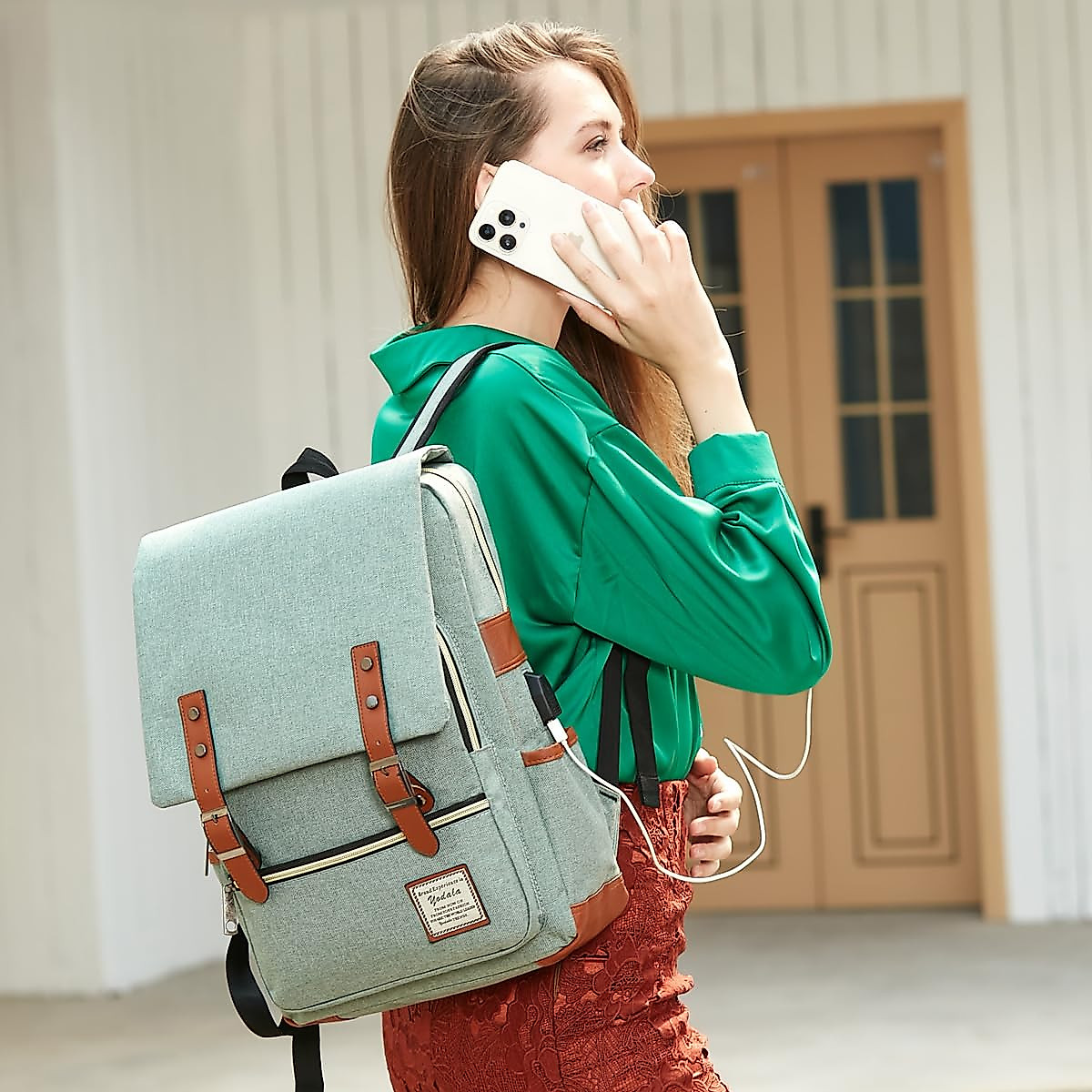 YODALA Vintage Laptop Backpack for women men, Elegant Water Resistant School College Book Bag with USB Charging Port,Slim Travel Casual Daypack Fits up to 15.6Inch Laptop in Green