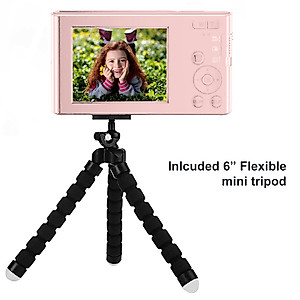 Acuvar 44MP Compact Point & Shoot Digital Camera, 16X Digital Zoom, 2.4 Inch Screen & 32GB SD Card, Card Reader, 6" Tripod & 6PC Card Holder Vlogging Camera for Kids Teens Students Boys Girl (Pink)
