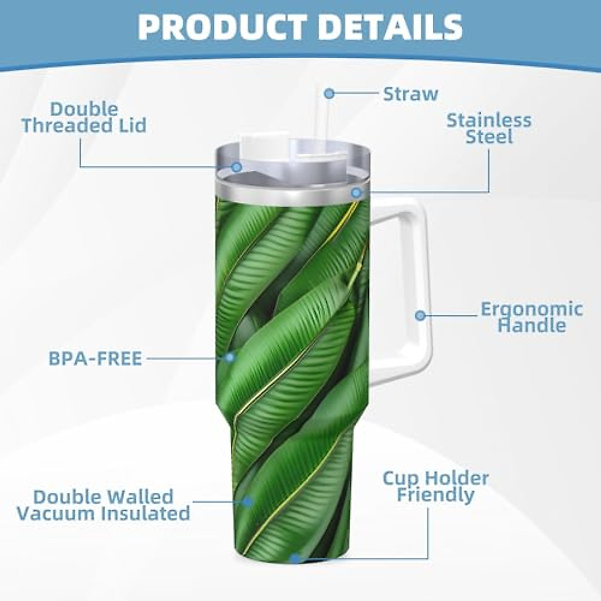 HULIBIN Banana Leaf Green Print Double Deck Stainless Steel Travel Coffee Cup With Lid 40 Oz Ice Bully Cup