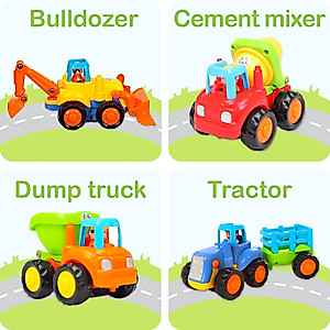 IQ Toys 4 Pack Friction Powered Cars Construction Vehicles for Toddlers, with Car Tractor, Bulldozer, Dumper and Cement Mixer Truck