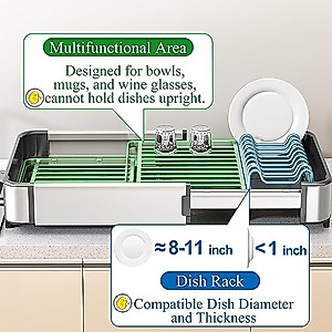 Aluminum Dish Drying Rack for Kitchen Counter - Rustproof Large Dish Racks, Expandable Sink Dish Strainers with Utensil Holder and Drainboard, Silver