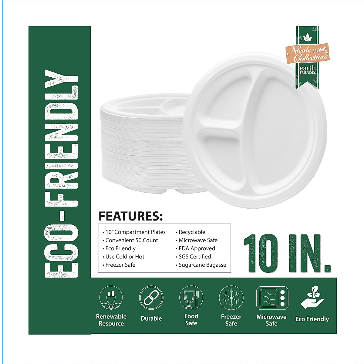 Nicole Home Collection Compostable Heavy Duty 10" Disposable Compartment Paper Plates 100% Bagasse Biodegradable Eco-Friendly Natural Sugarcane 50 Count