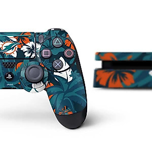 Skinit Decal Gaming Skin Compatible with PS4 Slim Bundle - Officially Licensed NFL Miami Dolphins Tropical Print Design