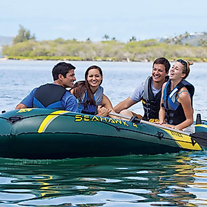 Intex 68351EP Seahawk 4 Inflatable Boat Set: includes Deluxe 54in Boat Oars and High-Output Pump – SuperStrong PVC – Fishing Rod Holders – 4-Person – 1050lb Weight Capacity