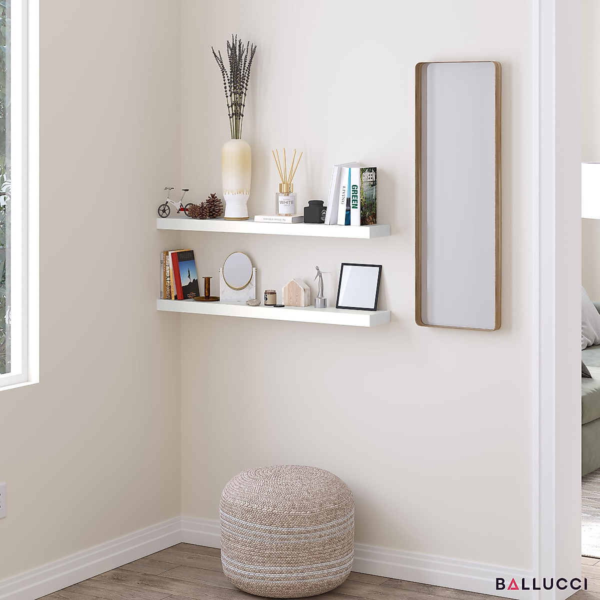 Ballucci Floating Shelves, 36" Wood Wall Shelf Set of 2, with Invisible Brackets for Bathroom, Living Room, Bedroom, Kitchen, Nursery, 6" Deep, White