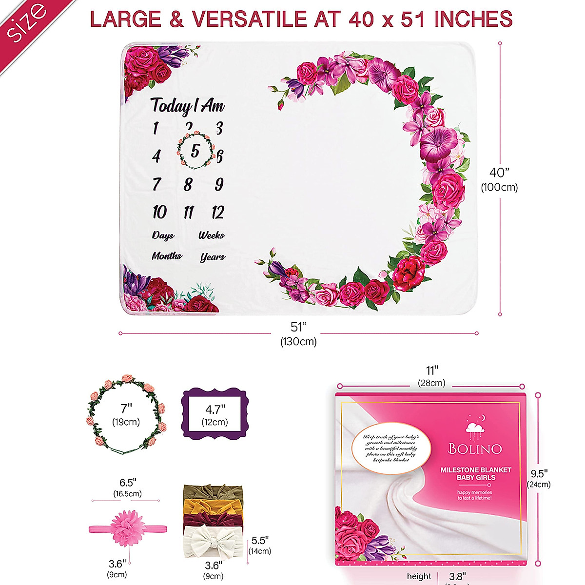 Bolino Baby Milestone Blanket for Girls Photo Prop ‎with 2 Frames, 5 Hair Bands, Flower Design in Soft ‎Minky Fleece - Baby Gift for Newborn Girl - 40x51 ‎In - Pink Flowers on White Background
