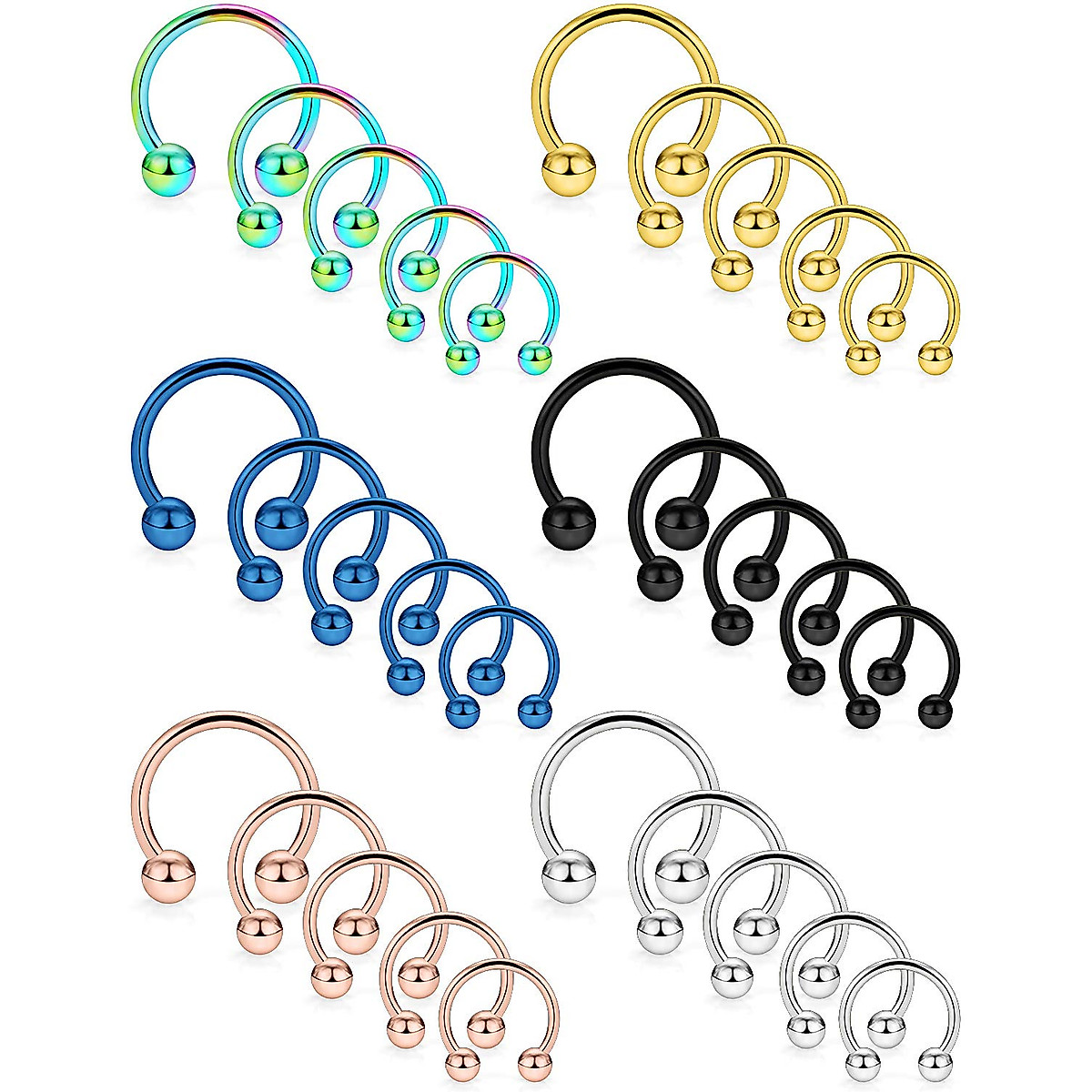 Ftovosyo 30Pcs 20G Surgical Steel Septum Nose Rings Hoop Horseshoe Barbell Lip Helix Tragus Conch Cartilage Earrings Hoop Piercing Jewelry for Women Men 6mm 8mm 10mm 12mm Silver Rose Gold Black