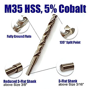 JEFE HEX 29 PCS M35 Cobalt Drill Bit Set, HSS Twist Jobber Drill Bits with 135 Degrees Split Point and Three-Flat Shank, 3/8” Reduced Shank, Gold Oxide Metal Drill Bits Set (1/16” - 1/2” x 1/64”)