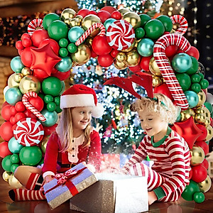 Christmas Balloons Garland Arch Kit, 150Pcs Christmas Garland with Red Green Gold Candy Cane Balloons Red Star Balloons, Christmas Arch for Christmas Party, Xmas Decorations Backdrop for Indoors