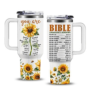 NIAXAUYT Sunflower Christian Gifts for Women, 40 oz Bible Emergency Numbers Tumbler with Lid and Straw, Inspirational Religious Birthday Gifts for You are Cup Christian