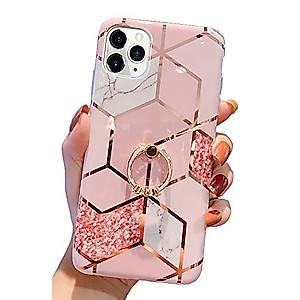 Qokey iPhone 11 Pro Case,Marble Case Cute Fashion for Women Girls Men with 360 Degree Rotating Ring Stand Kickstand Soft TPU Shockproof Cover Designed for iPhone 11 Pro 5.8 Inch Grid Bling