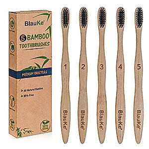 BlauKe Bamboo Toothbrushes Medium Bristles 5-Pack – Biodegradable, Sustainable, Natural, Eco Friendly – Black Charcoal Wooden Toothbrush Set