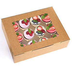 Jucoan 20 Pack Kraft Cupcake Boxes Containers with Clear Display Window, Brown Cake Trays Holder for Cookies, Muffins Pastries, Holding 12 Standard Cupcakes for Valentines Day Party
