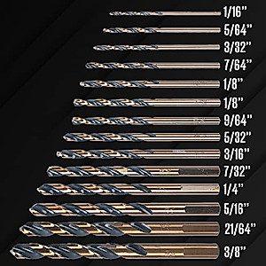 SOMADA 14-Piece Cobalt Drill Bit Set for Plastic, Wood, and Metal, M35 High-Speed Steel Twist Jobber Length Bits Sizes from 1/16" to 3/8" with Indexed Storage Case