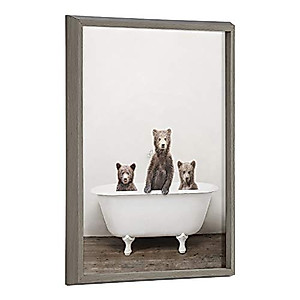Kate and Laurel Blake Three Little Bears in Vintage Bathtub Framed Printed Glass Wall Art by Amy Peterson, 18x24 Gray, Adorable Woodland Animal Art for Wall
