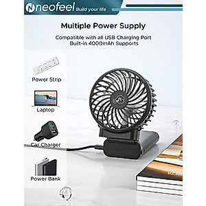 neofeel Portable Handheld Fan, 4000mAh 15hrs Personal Fan with Adjustable Lanyard, 4 Speeds Battery Operated Fan In Rechargeable for Hiking, Travel, Office, School, Camping