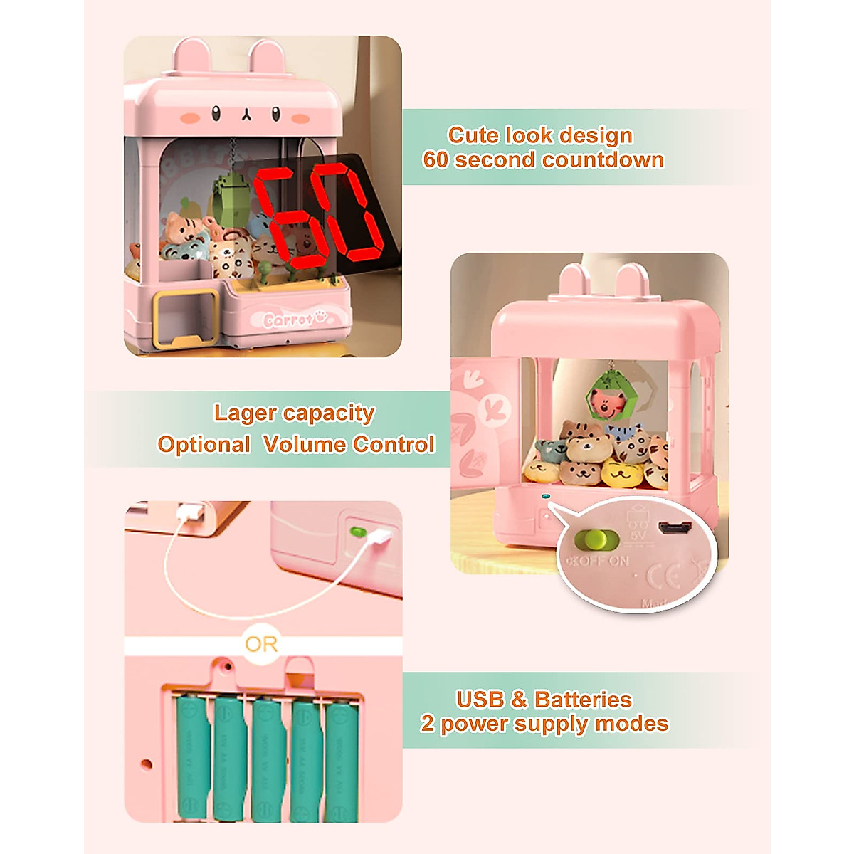 cxjoigxi Large Claw Machine for Kids Adults with Prizes, Adjustable Sound & Light, 2 Power Modes, Mini Candy Crane Vending Machines, Electronic Arcade Game Dispenser Toy for Girls Boys Gift - Bunny