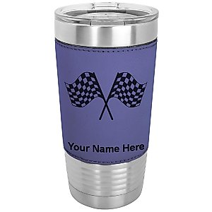 LaserGram 20oz Vacuum Insulated Tumbler Mug, Racing Flags, Personalized Engraving Included (Faux Leather, Dark Purple)