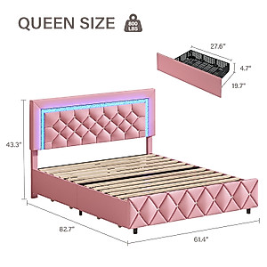 Queen Size Bed Frame with LED Lights, Upholstered Platform Bed with Storage Drawers, Princess Bed with Diamond Headboard and Footboard, No Box Spring Needed, Easy Assembly, Pink