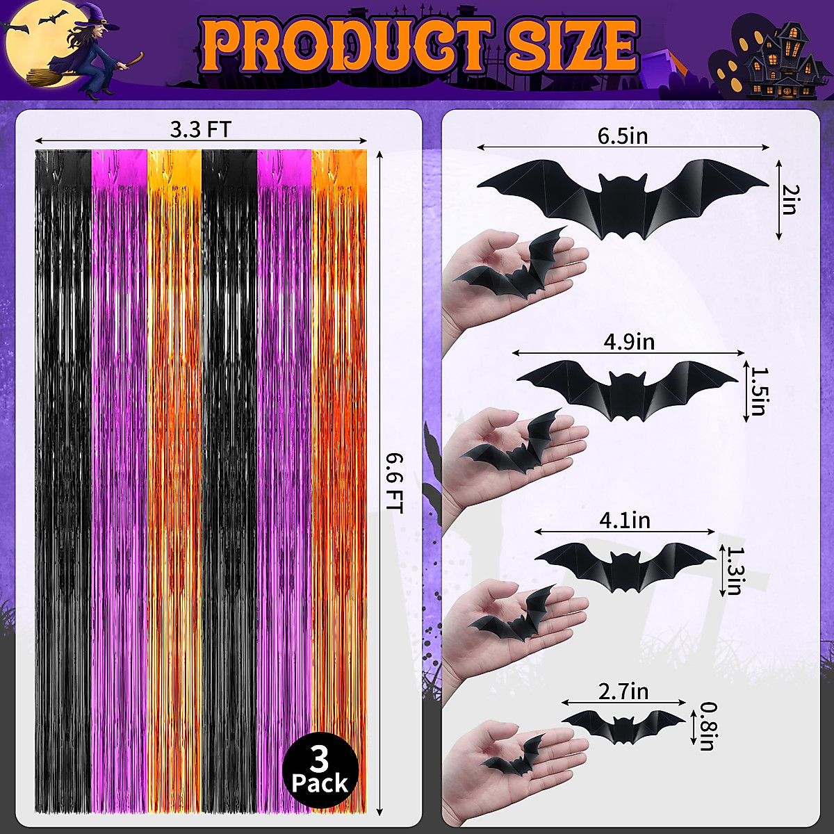 algpty 3 Pack Halloween Foil Curtains Backdrop with 16 Pcs Halloween Bats, 3.3 x 6.6FT Orange Purple Black Metallic Tinsel Foil Fringe Curtains Halloween Party Photo Booth Props Halloween Decor Indoor