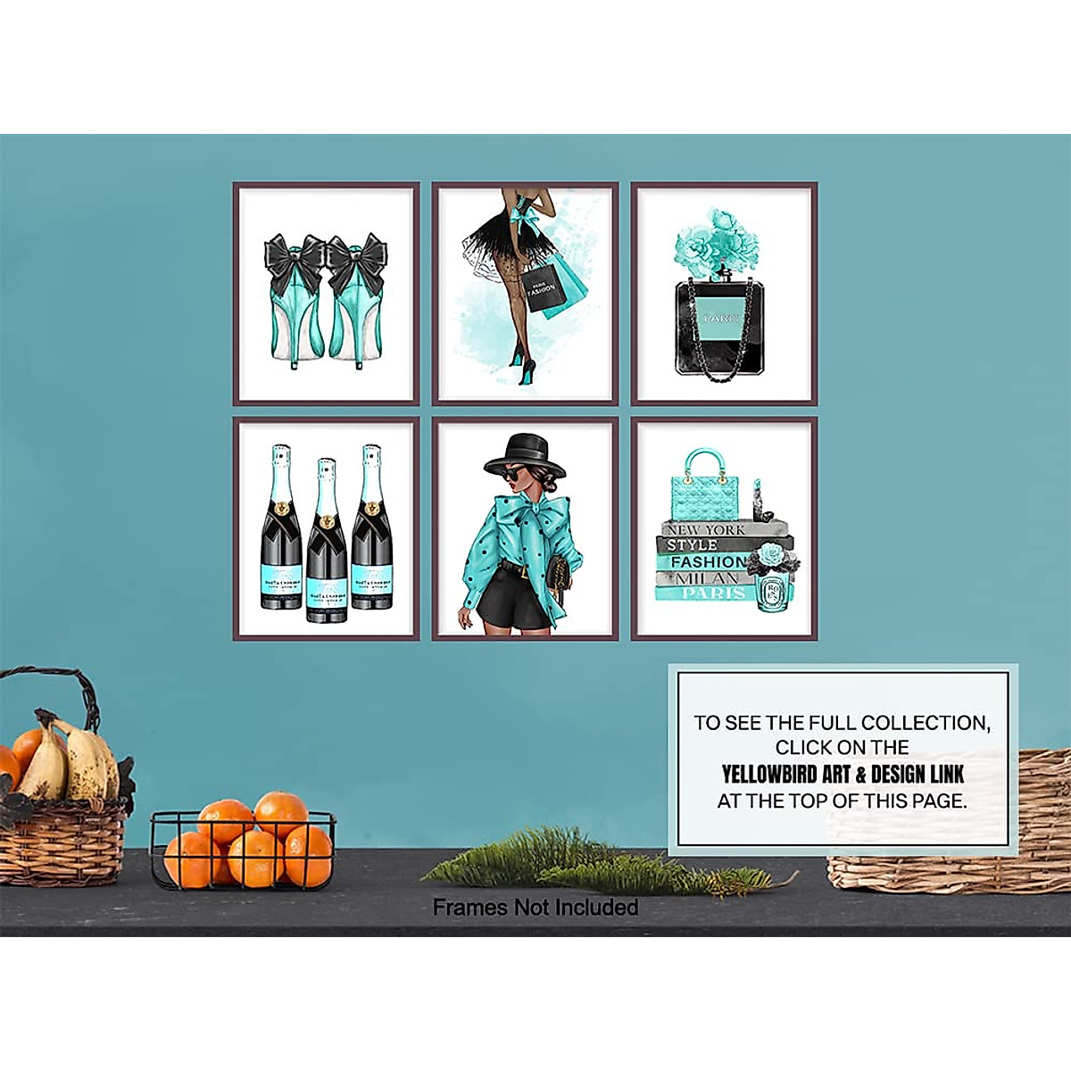 Blue Glam Wall Decor - Black African American Wall Decor - Designer Perfume, Shoes, Handbags - High Fashion Design Gift - Luxury Couture Wall Art Poster Set for Women, Teens, Girls Bedroom