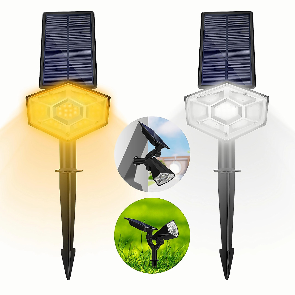 Outdoor Solar Lights - Solar Spotlight - Solar Lighting for Garden, Patio and Lawn - Wall or Pole Mount - Easy Installation - Waterproof - Adjustable, [4] Light Modes - Pack 2