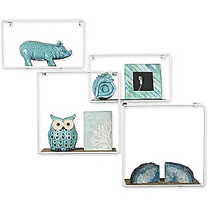 KAO Mart Wall Mounted Rustic Iron and Wood Intersecting Unique Floating Shelves Wood (4, White)