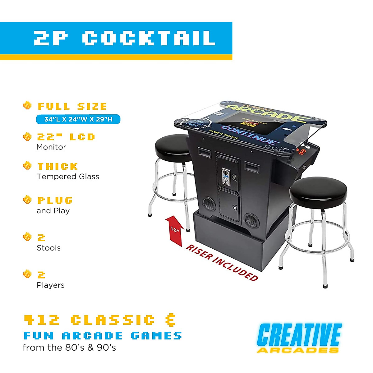Creative Outdoor Distributor Full Size Commercial Grade Cocktail Arcade Machine w/Riser-2 Player, 412 Games, 22 LCD Screen, Square Glass Top, 2 Stools Included