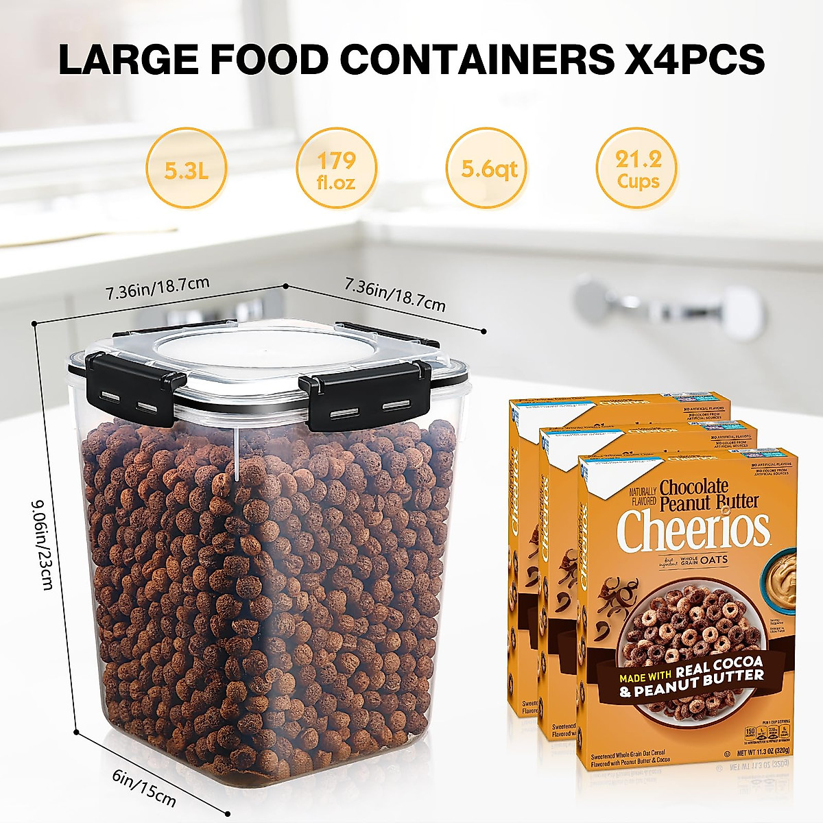 YASHE Large Food Storage Containers with Lids (5.3L/179oz, 4Pack), BPA-Free Airtight Plastic Food Containers, Flour, Sugar, Rice Canisters for Kitchen & Pantry Organization