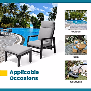 Pellebant Reclining Patio Chairs 2PC with Ottoman, Patio Reclining Chair with Cushion, Outdoor Conversation Set, All Weather Furniture for Patio, Lawn, Garden, Yard, Balcony, Poolside, Grey