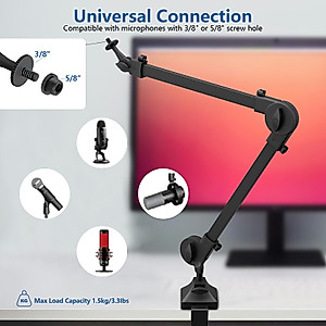 Microphone Boom Arm Stand, Studio Arm Suspension Scissor Adjustable Mic Stand for HyperX/Shure SM7B and Other Microphone, Recording Gaming Streaming Podcasting