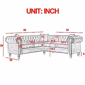 ERYE 80" Symmetrical Sectional Sofa,Button Tufted Velvet Upholstered Modular Sofa & Couch,Luxury Roll Arm Classic Chesterfield Couch,Nail Head Decor L-Shaped Corner Sofá with 3 Pillows, Blue