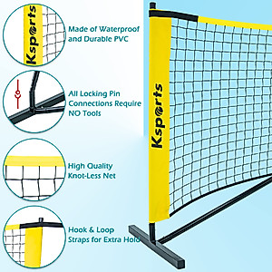 Ksports Regulation 22 feet Pickleball Net Bundle, can be Used as Recreation Tennis or Badminton Net Blue, Comprises of One Net, 4 LED Shuttlecocks, Carry Bag and 2 Pickleballs (Yellow)