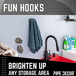 PIPE DECOR Coat Hook Black Industrial Water Spigot Valve Wall Mount with Real Iron Plumbing Flange for Home, Office or Retail Space 2-Pack