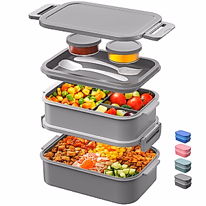 DaCool Adults Lunchbox Bento Box - 74 OZ All-in-One Stackable Lunch Box for Adults Men Women Teens Leakproof Bento Large Lunch Box Containers with Fork Spoon Sauce Box for Dining Out Work School,Grey