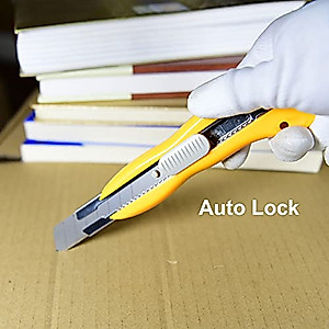 KINBRIEF 18mm Auto Lock Utility Knife Retractable Box Cutter for Cartons,Carboards Arts Crafts Pack 1 with 10 Snap off High Carbon steel art Blades for Office and Home,white push Yellow