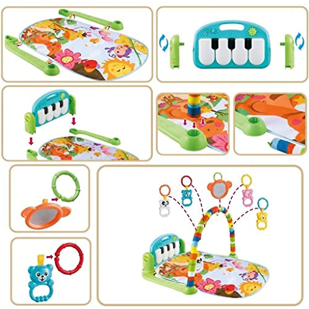 JODIYAAH Baby Gym 3-in-1 Activity Play Mat, Kick and Play Piano Gym with 5 Infant Learning Sensory Baby Toys, Musical Boy & Girl Gifts for Newborn Baby 0+ Months, Baby Play Gym Activity Mat