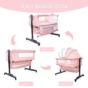 3 in 1 Baby Bassinets, Bedside Sleeper & Bedside Crib with Storage Basket, Easy to Assemble Baby Cradle, with Wheels, Adjustable Height, Mattress, Mosquito Nets