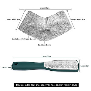 Foot File and Spa Socks Set, Foot Care Pedicure Stainless Steel File, Gel Lined Toeless Spa Socks, Moisturizing Heel Socks (Green+Grey)