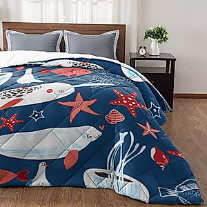 Cool Summer Bedspread Quilt Submarine Fauna Narwhal Sea Star Jellyfish All-Season Comforter Duvet Insert or Stand-Alone Comforter, Comfortable Air Conditioning Bed/Sofa Blanket for Adults Kids 82x85in